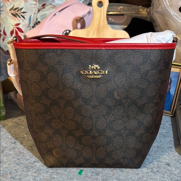 Coach | Bags | Coach Brown And Red Shoulder Bag With Signature Monogram ...